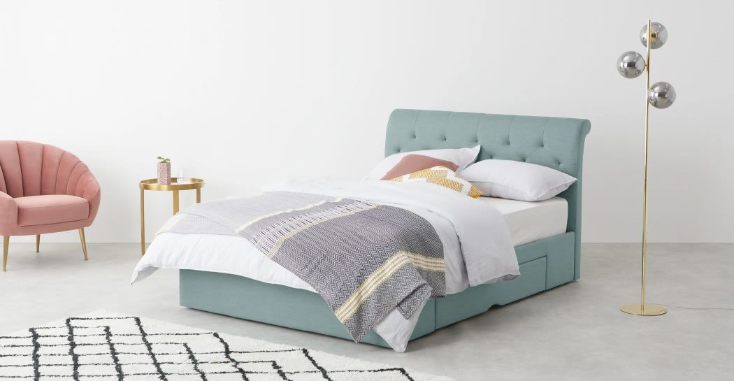 Cama con Almacenamiento Linnell - Tejido Azul Bondi | YoloDecoro